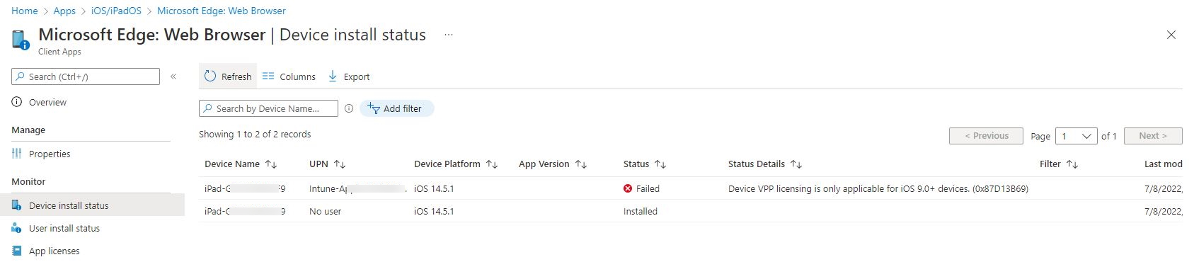 Device VPP licensing (0x87D13B69) Intune